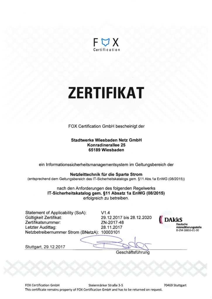 Zertifizierungen – Stadtwerke Wiesbaden Netz GmbH